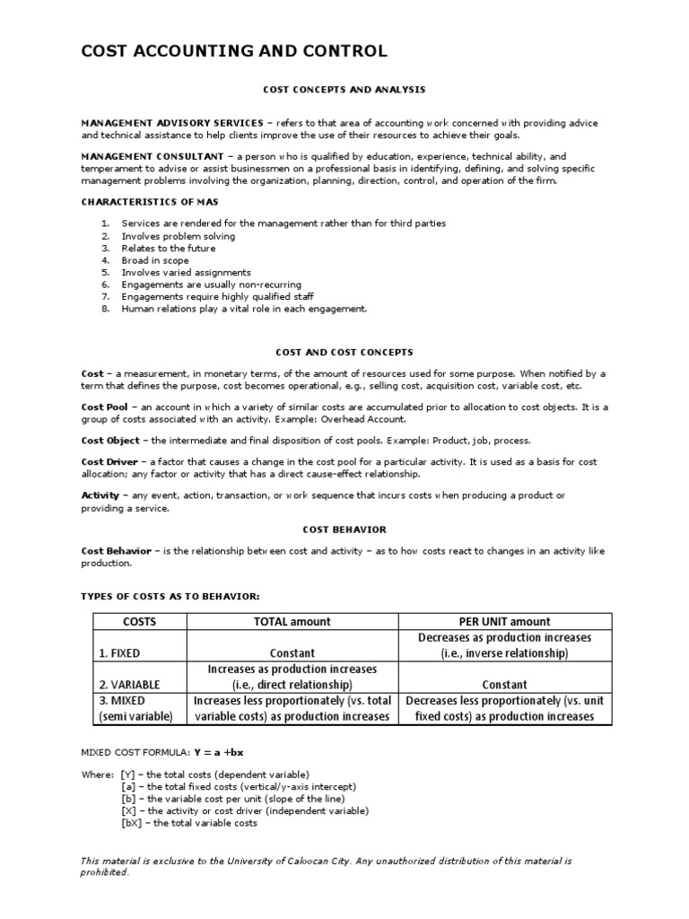 Cost Accounting and Control: Costs TOTAL Amount PER UNIT Amount | PDF ...