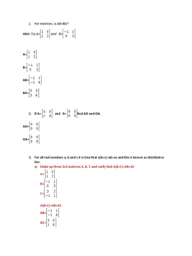 Hint: Try A : 1. For Matrices, Is AB BA? | PDF | Matrix (Mathematics ...