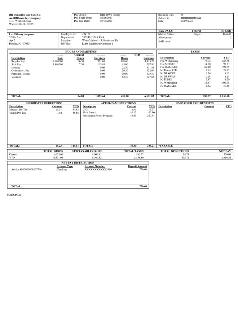 RR Donnelley NJ Employee Paystub | PDF | 401(K) | Public Finance
