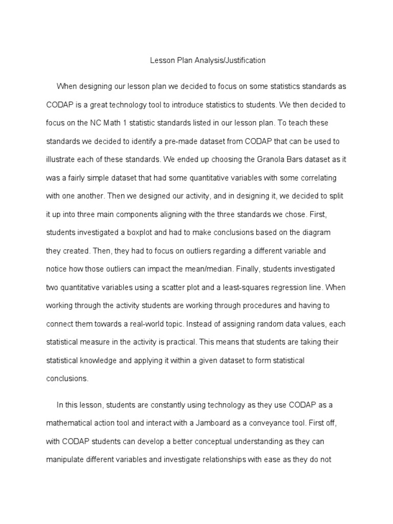 Lesson Plan Analysis-Justification | PDF | Statistics | Outlier