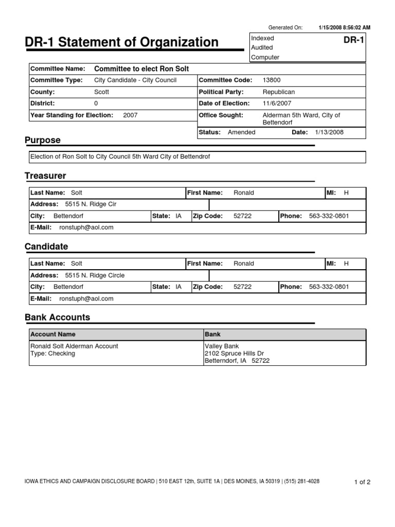 DR-1 Statement of Organization: Committee To Elect Ron Solt | PDF ...