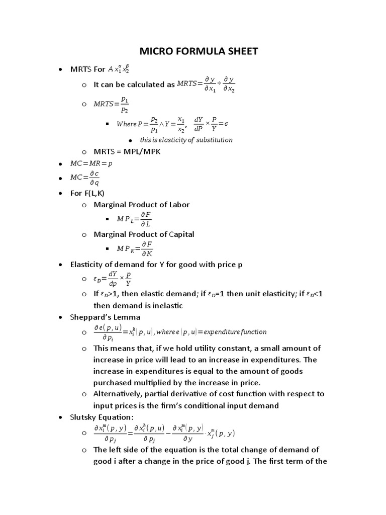 Micro Formula Sheet | PDF | Demand | Price Elasticity Of Demand