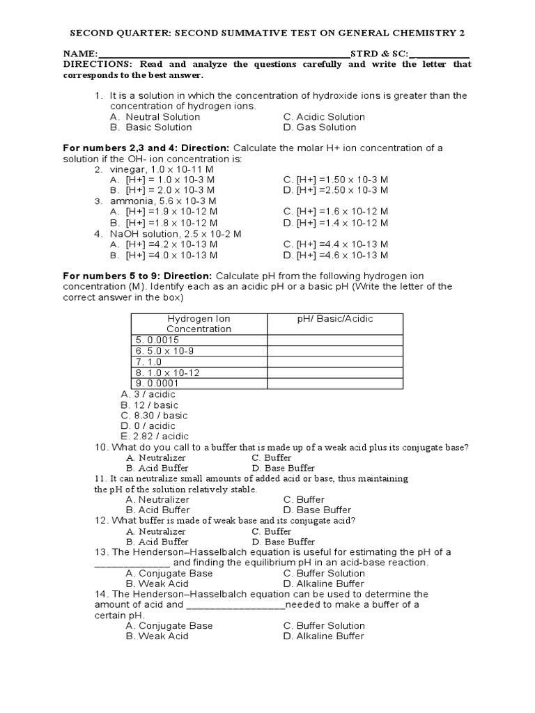 2nd Test Gen. Chem 2 2nd Quarter | PDF | Buffer Solution | Acid