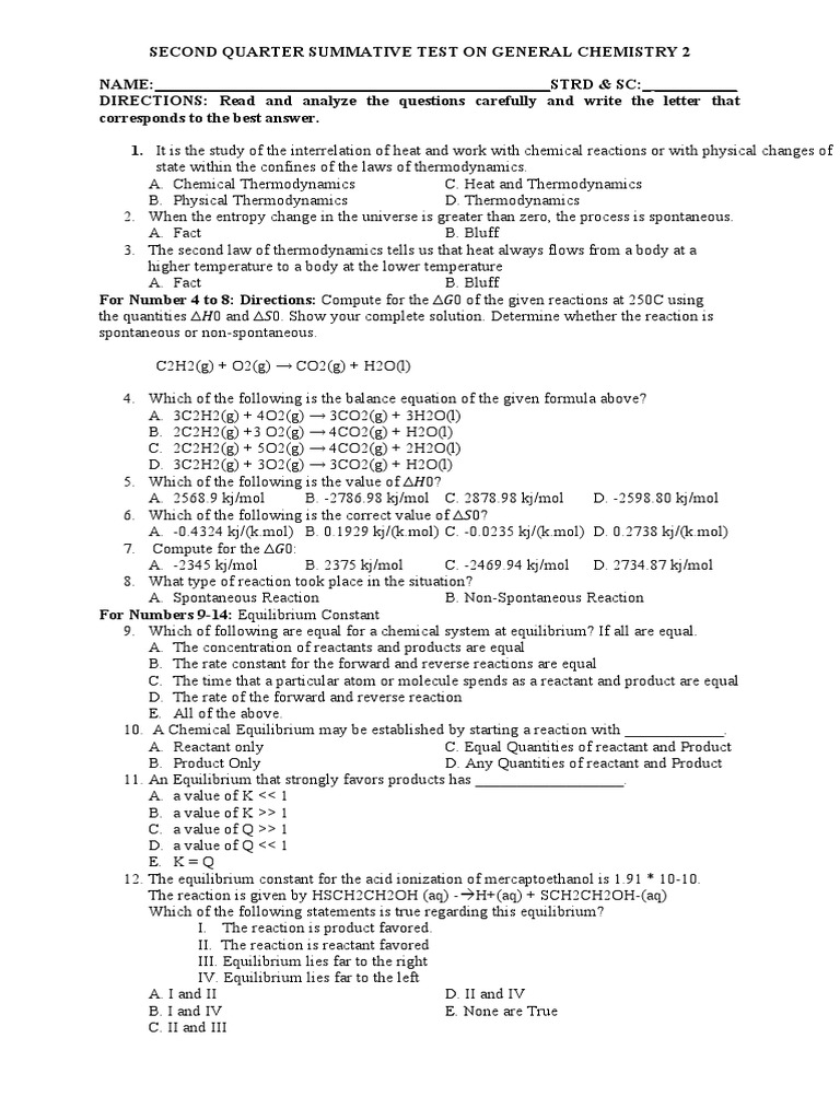 General Chemistry 2 Second Quarter Exam | PDF | Chemical Equilibrium ...
