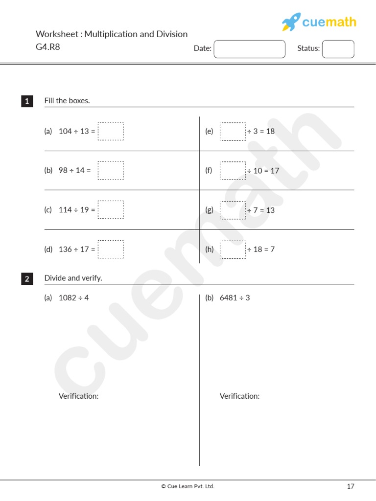 Worksheet: G4.R8 Multiplication and Division: Date: Status | PDF