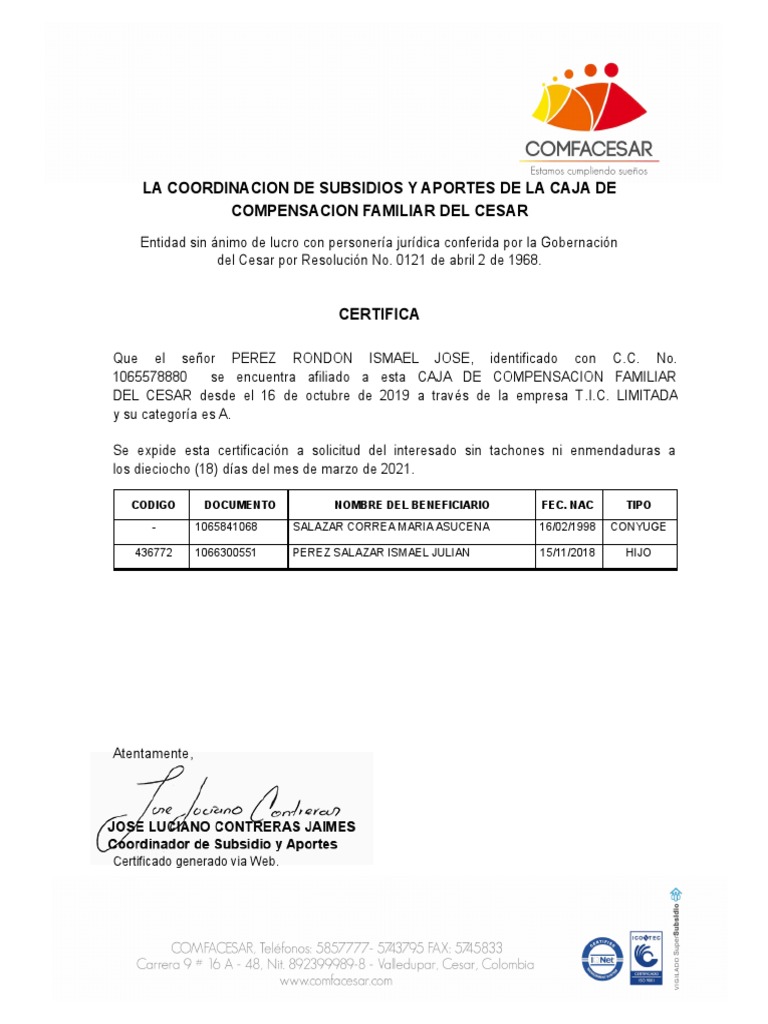 Certificado Afilicion de Comfacesar | PDF