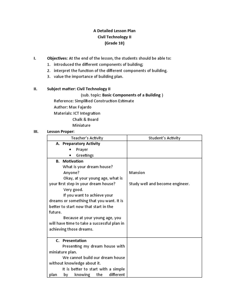 A Detailed Lesson Plan Civil Technology II (Grade 10) | PDF | Lesson ...