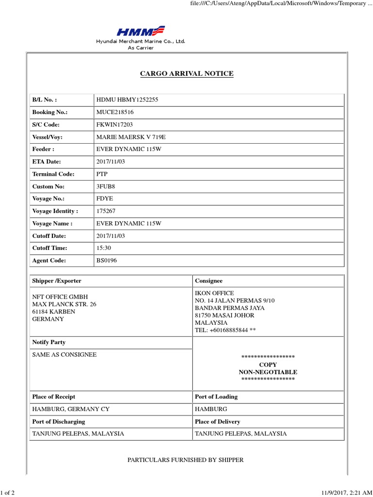 Cargo Arrival Notice: Hyundai Merchant Marine Co., Ltd. As Carrier ...