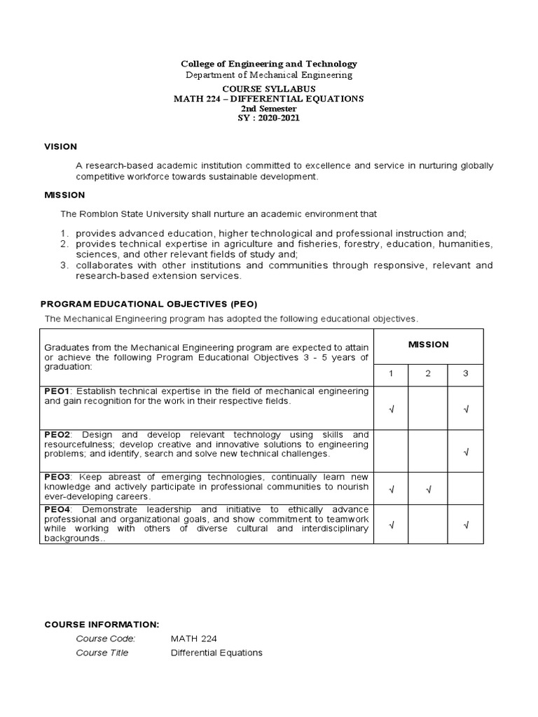 Course Syllabus Differential Equations | PDF | Engineering | Equations