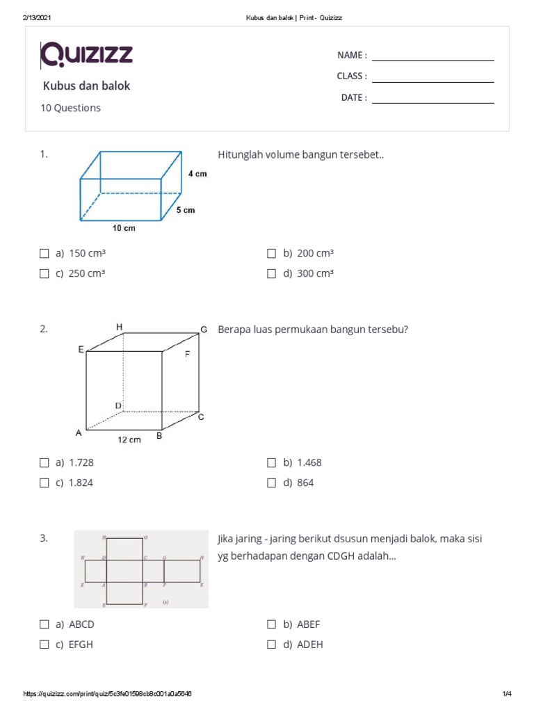 Kubus Dan Balok - Print - Quizizz | PDF