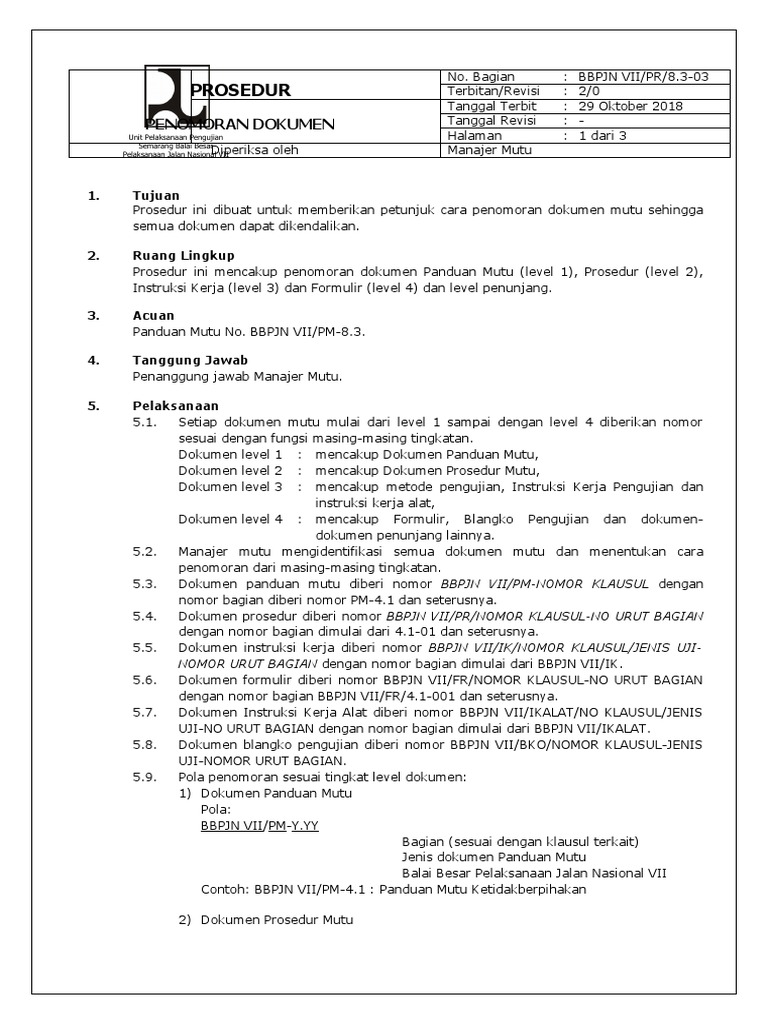 PR - 8.3-03 Penomoran Dokumen | PDF