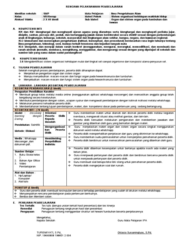 RPP Pertemuan 3 Organ Dan Sistem Organ | PDF