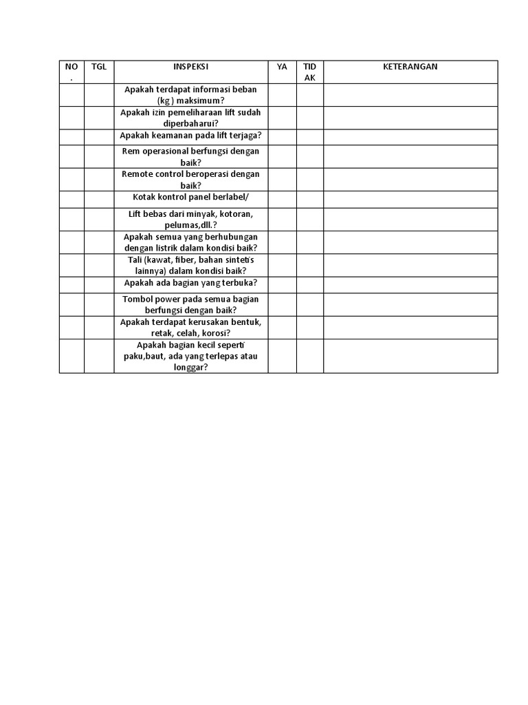 Checklist Pemeliharaan Lift | PDF