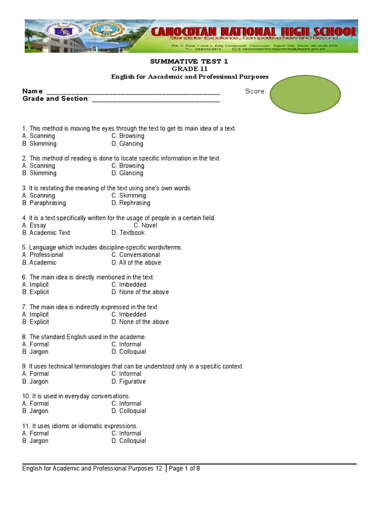 Summative Tests for Grade 11 English for Academic and Professional ...