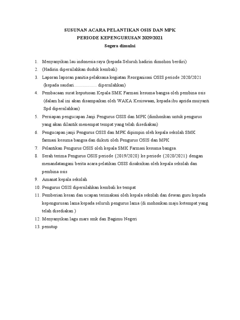 Contoh Susunan Acara Pelantikan Pengurus Osis Mts - KAIZEN PALLI Contoh Susunan Acara Pelantikan Pengurus Osis Mts - KAIZEN PALLI