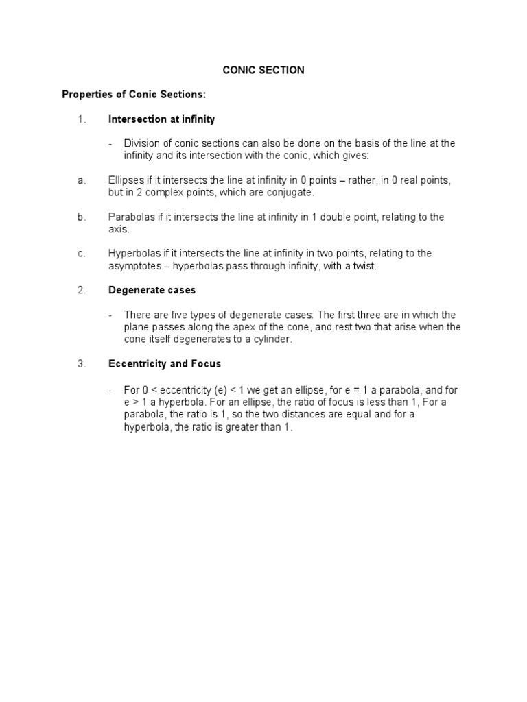 Conic Section Properties of Conic Sections: Intersection at Infinity | PDF