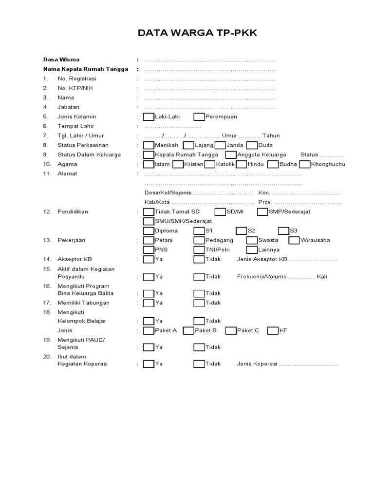 Format Data Warga TP-PKK Dasawisma | PDF
