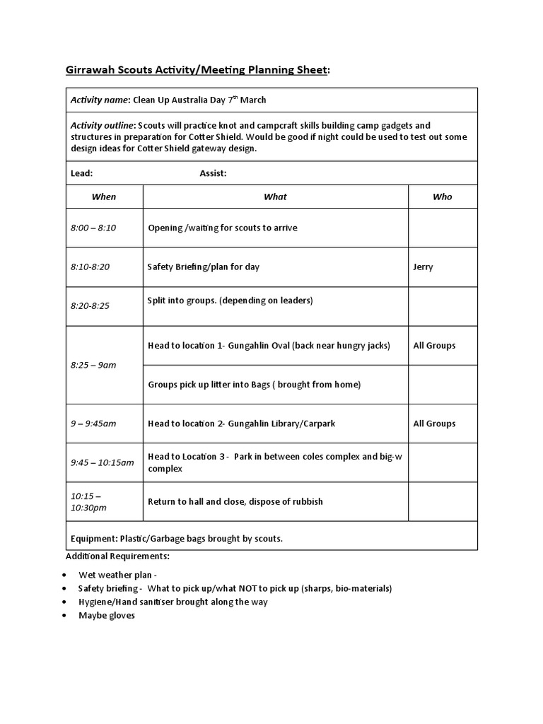 Girrawah Scouts Activity/Meeting Planning Sheet | PDF
