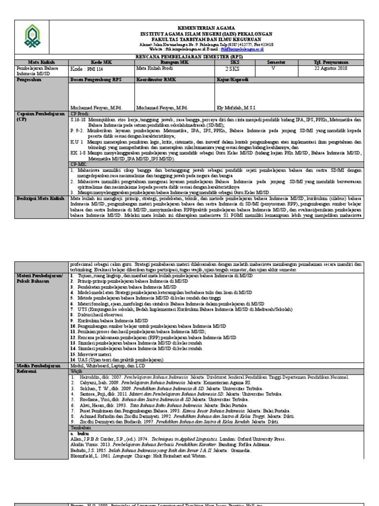 RPS Pembelajaran Bahasa Indonesia Dan Sastra Mi-Sd | PDF | Seni ...