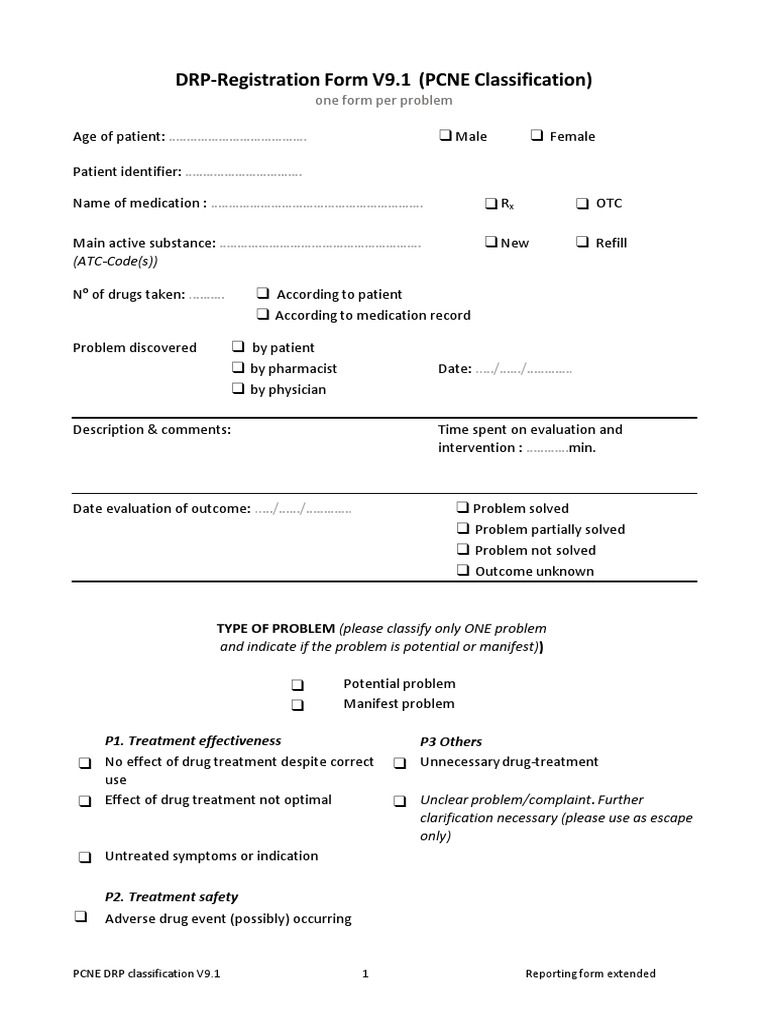 DRP Registration Form V9.1 (PCNE Classification) : (ATC Code(s) ) | PDF ...