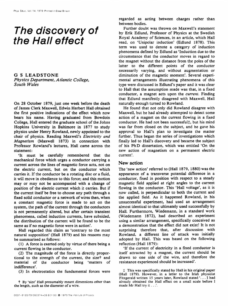 Hall Effect Discovery in Physics | PDF | Electromagnetic Induction ...