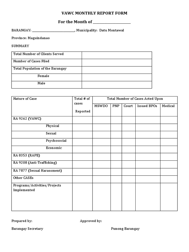 Vawc Monthly Report Form For The Month of | PDF