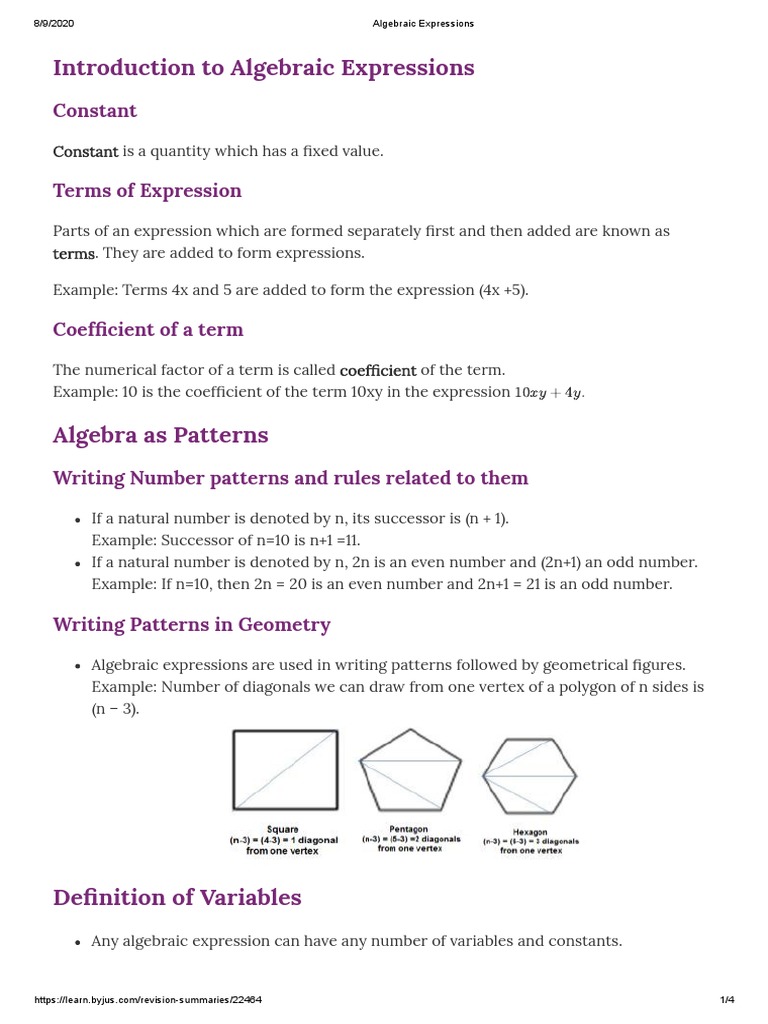 Algebraic Expressions Notes1 | PDF | Area | Numbers