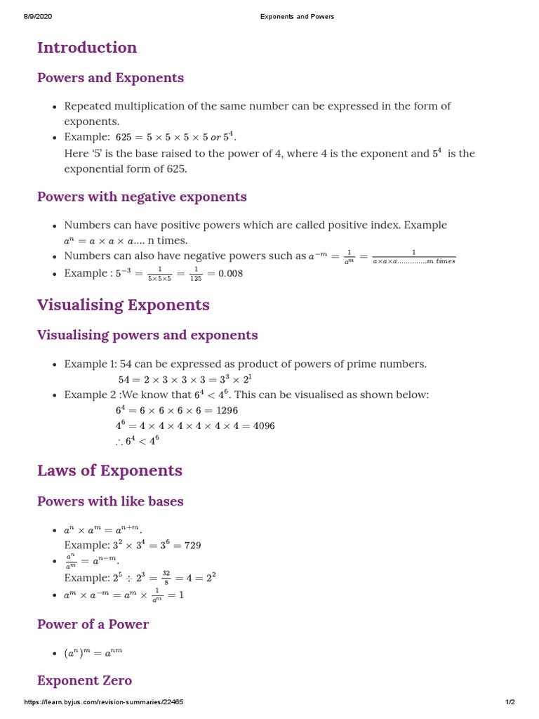 Exponents and Powers: An Introduction to the Concepts and Laws | PDF ...