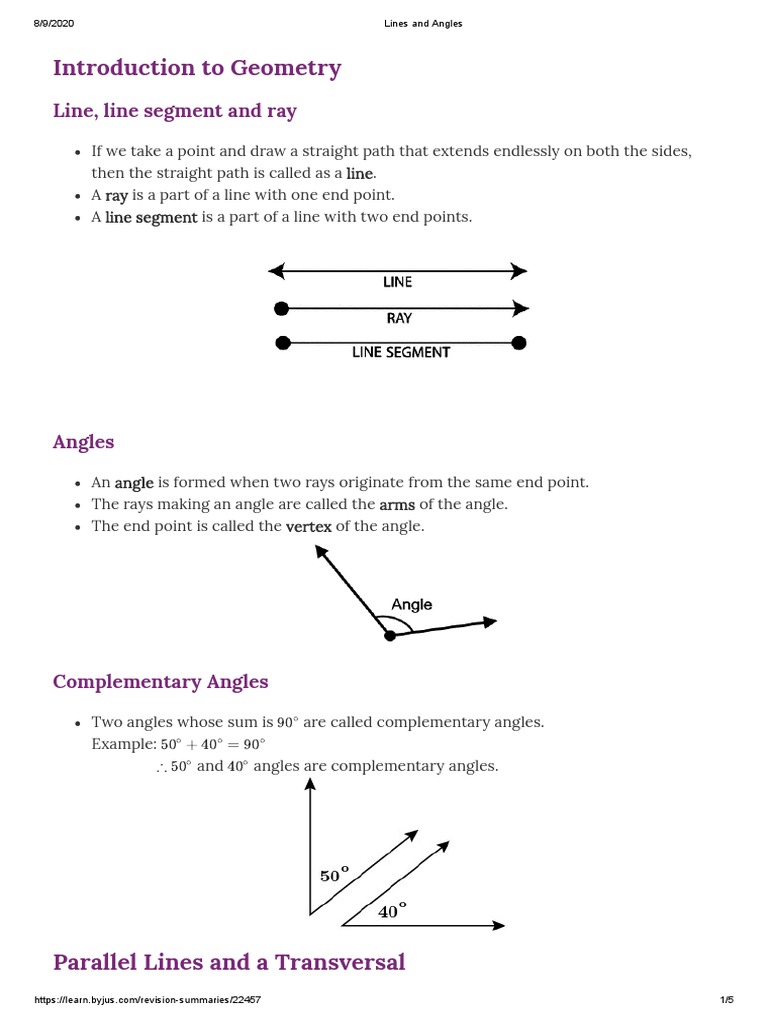Lines and Angles Notes | PDF | Angle | Line (Geometry)