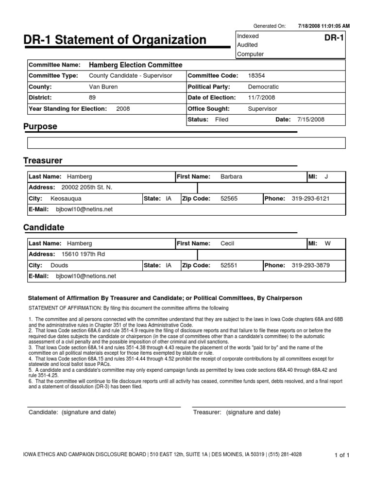 Hamberg Election Committee DR-1 Form | PDF | Iowa | Political Action ...