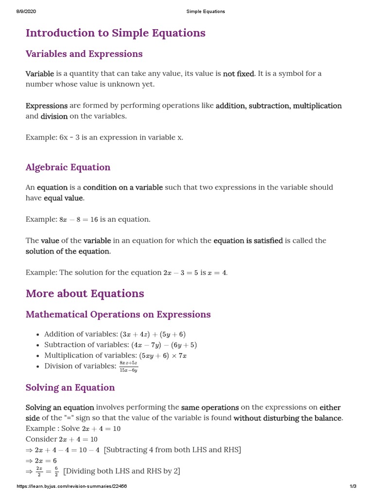 Simple Equations Notes | PDF | Variable (Mathematics) | Equations