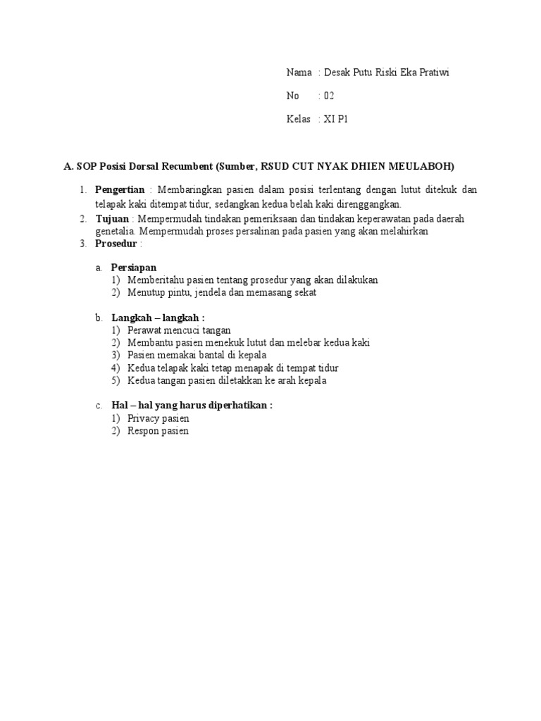 SOP Posisi Dorsal Recumbent & Posisi Genu (02) XI P1 | PDF | Kesehatan ...