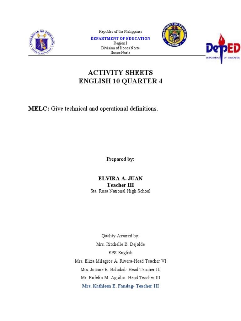 Activity Sheets English 10 Quarter 4: MELC: Give Technical and ...