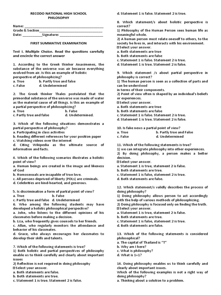Grade 12 Philosophy Summative Exam | PDF | Critical Thinking | Existence