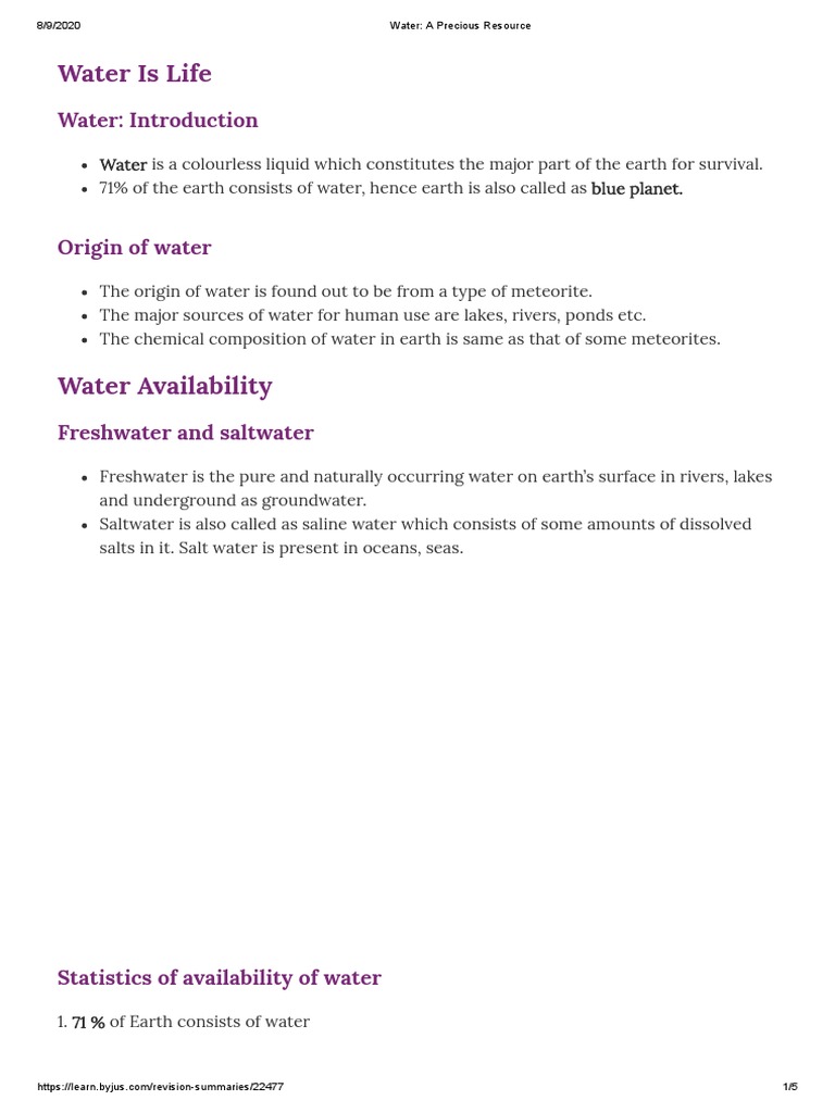 Water - A Precious Resource Notes | PDF | Groundwater | Water