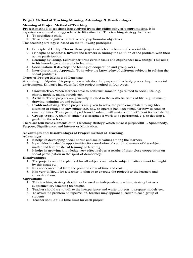 Project Method: Meaning, Types, Pros & Cons | PDF | Teachers | Learning