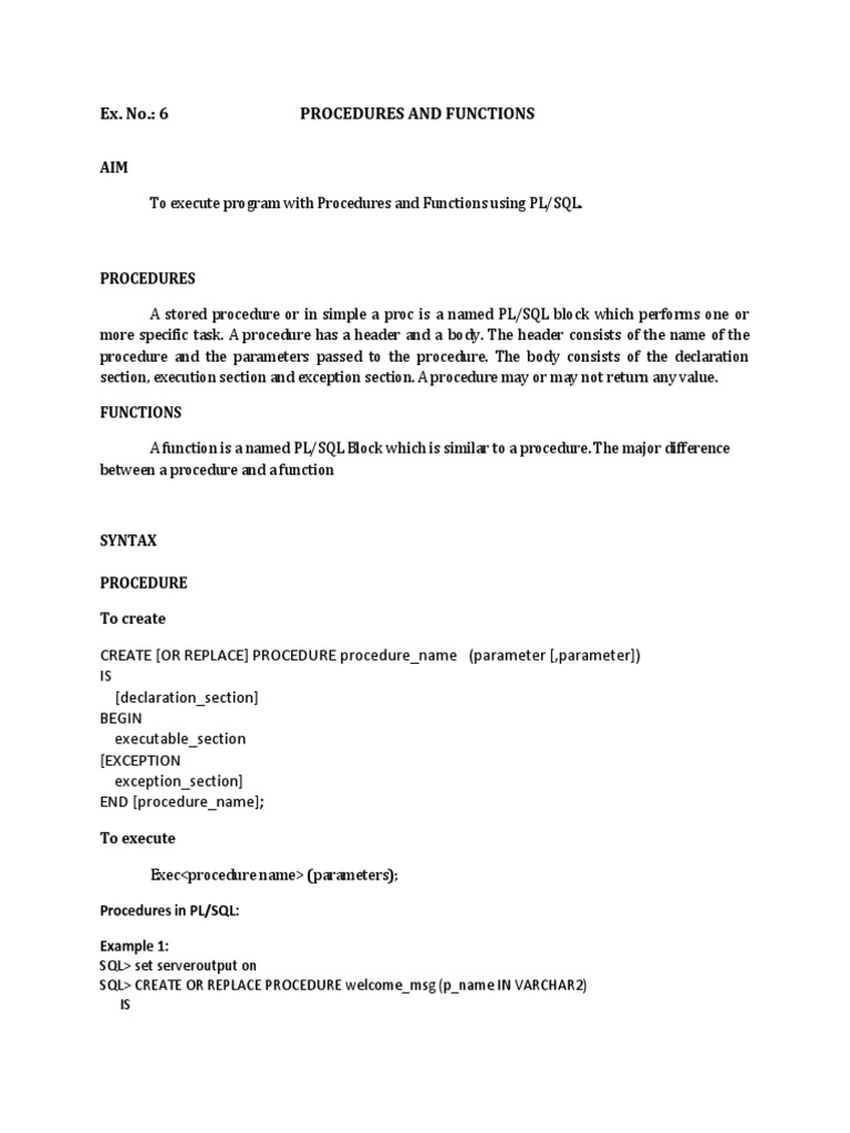 Procedureand Functions | PDF | Pl/Sql | Subroutine Procedureand Functions | PDF | Pl/Sql | Subroutine