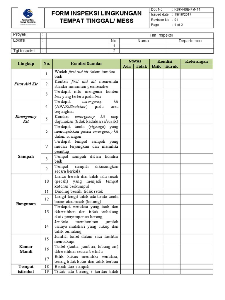 KSK-HSE-FM-44 - Formulir Inspeksi Inspeksi Lingkungan Tempat Tinggal - Mess | PDF