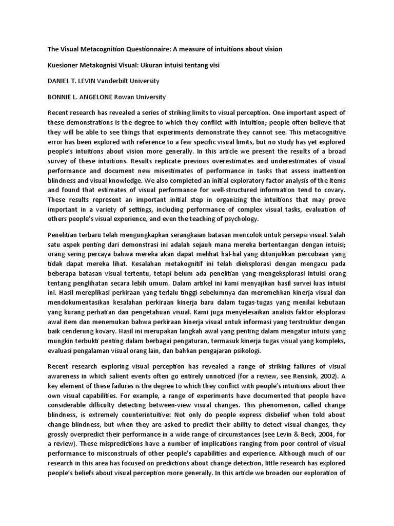 The Visual Metacognition Questionnaire | PDF