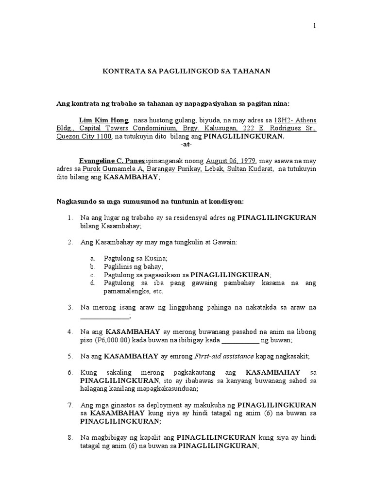 Service Contract Kasambahay Tagalog Pdf