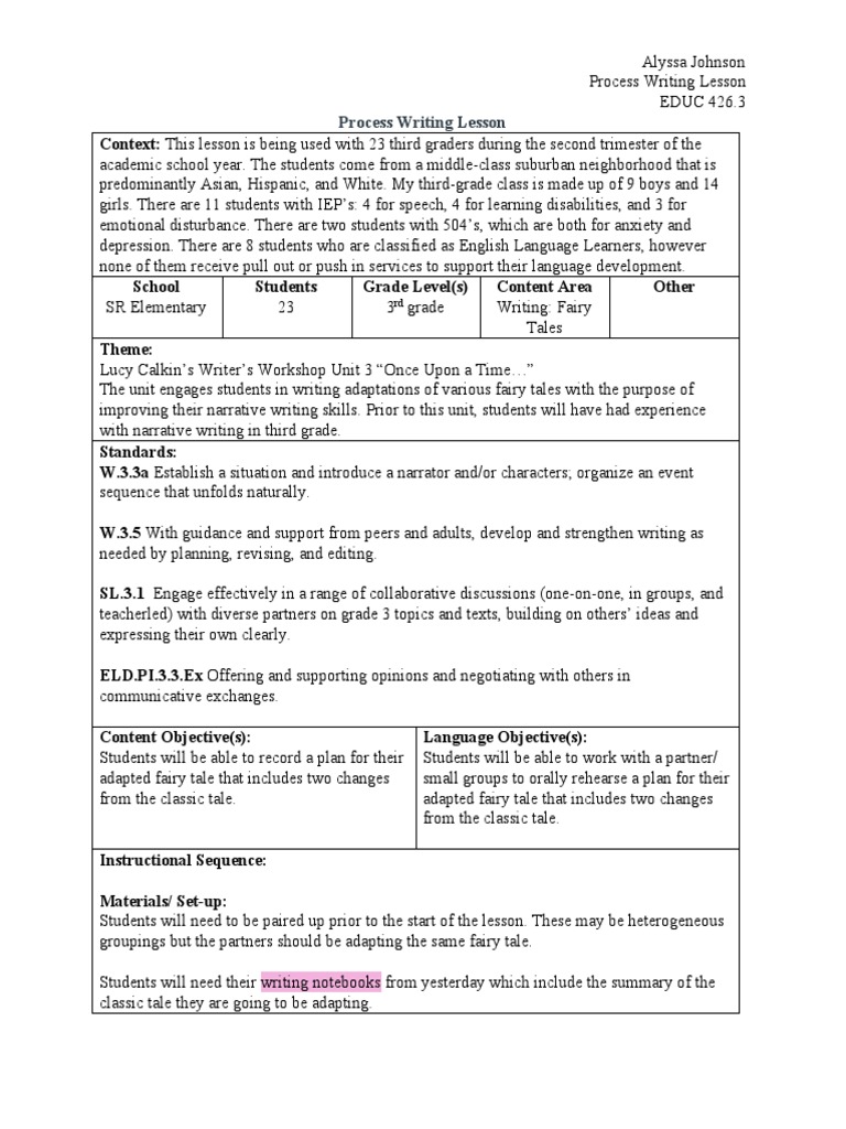 Johnson Alyssa Final Process Writing Lesson Design | PDF | Teaching ...