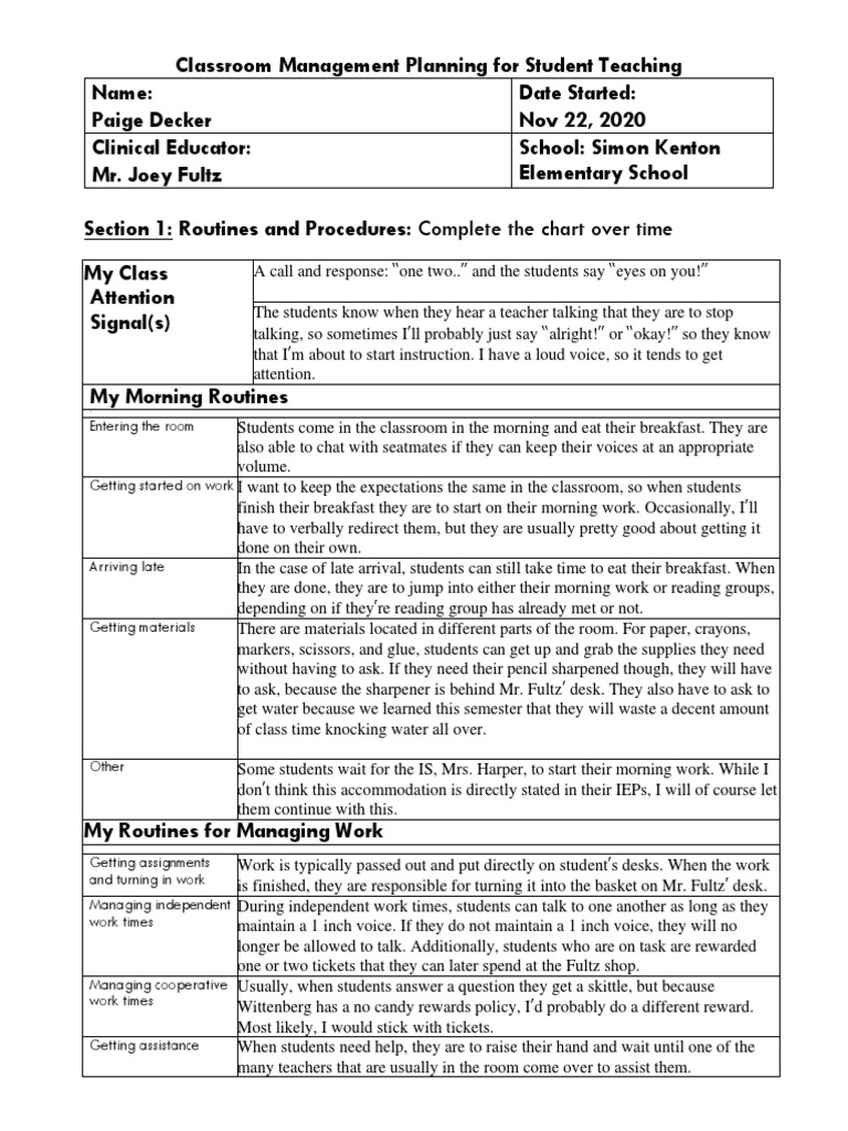Classroom Management Planning Form Decker | PDF | Education Theory ...