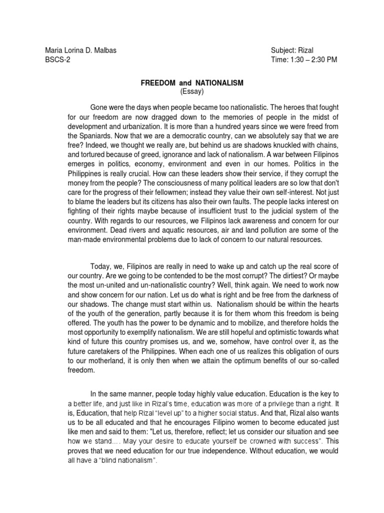 Freedom and Nationalism Essay - Malbas | PDF | Philippines | Human Nature