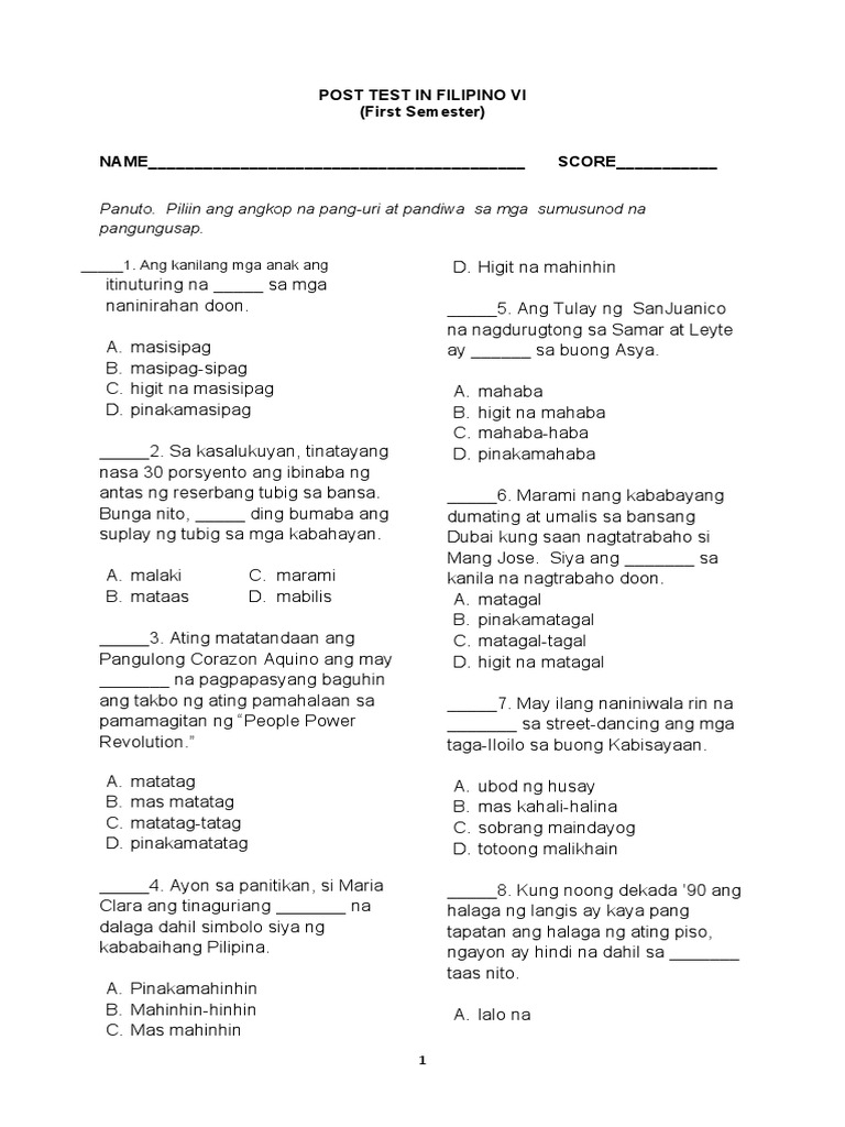 POST TEST IN FILIPINO VI (Fisrt Sem) | PDF