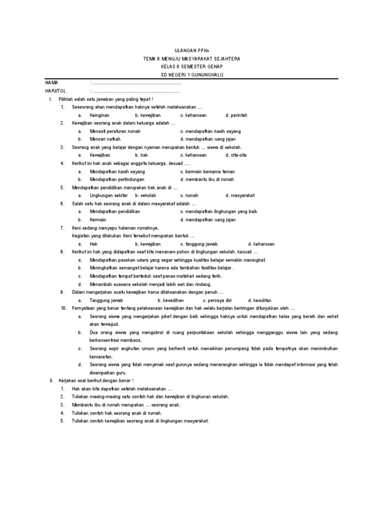 Ulangan Tema 6 Kelas 6 SD GunungHalu | PDF | Karier & Perkembangan | Kesehatan Holistik