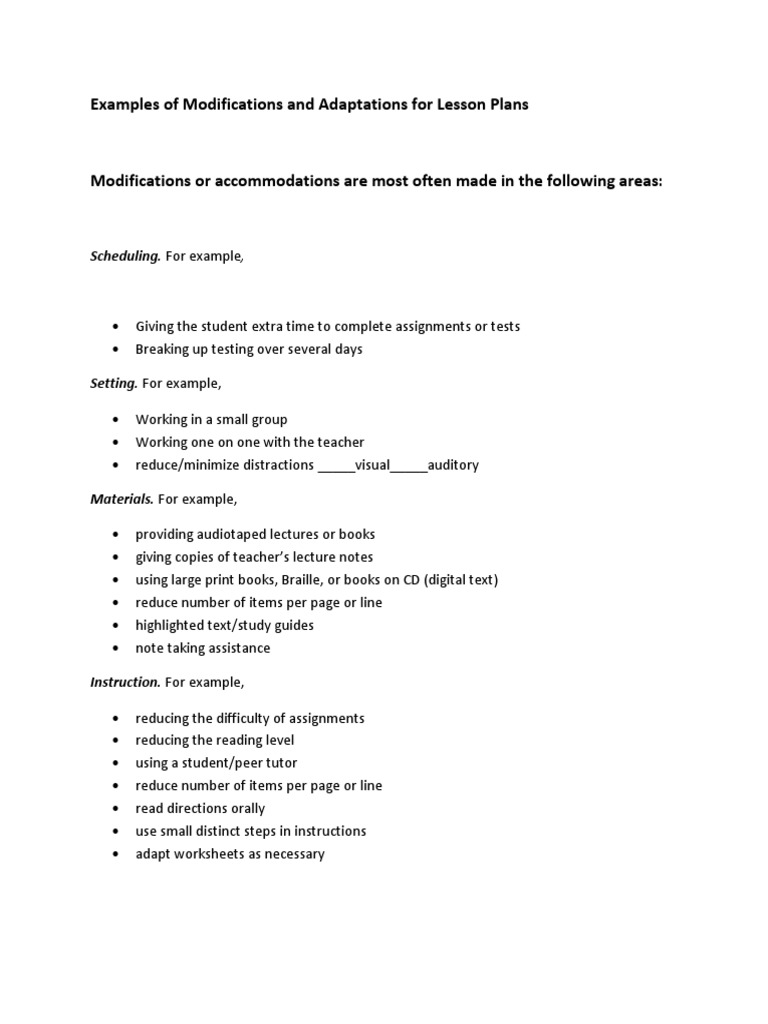Examples of Modifications and Adaptations For Lesson Plans | PDF