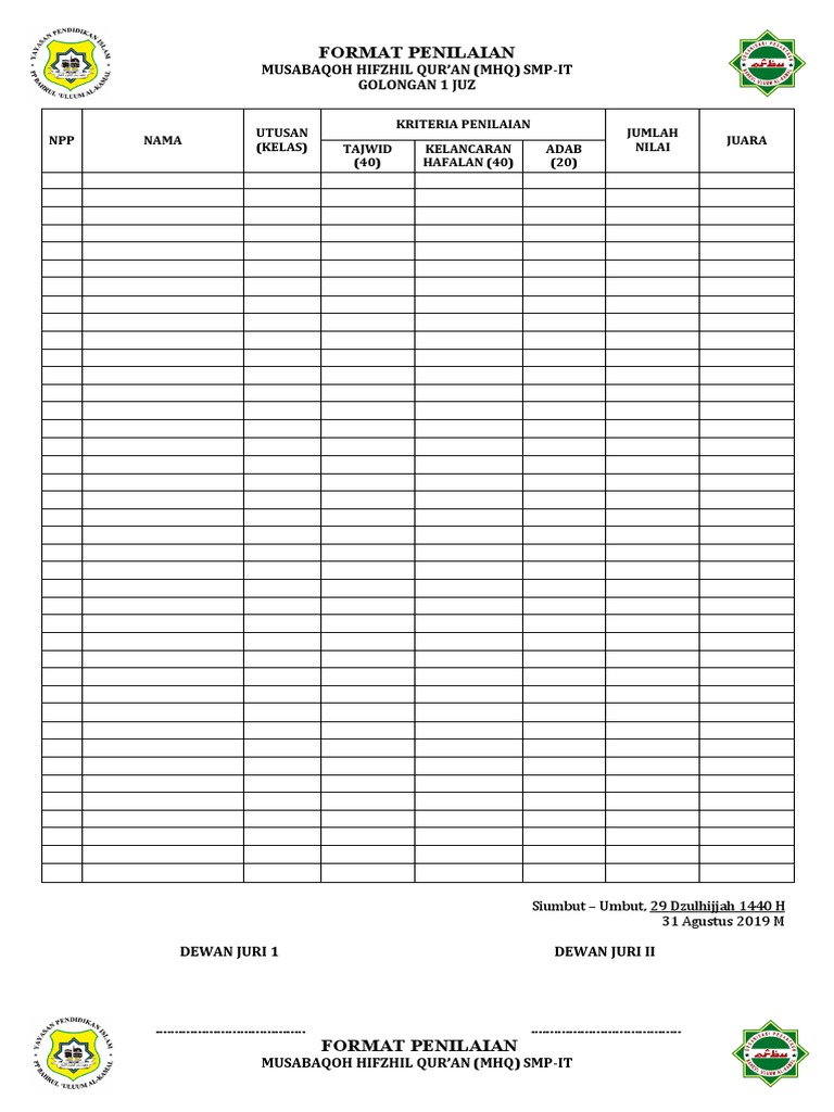Blangko Penilaian Tahfidz | PDF