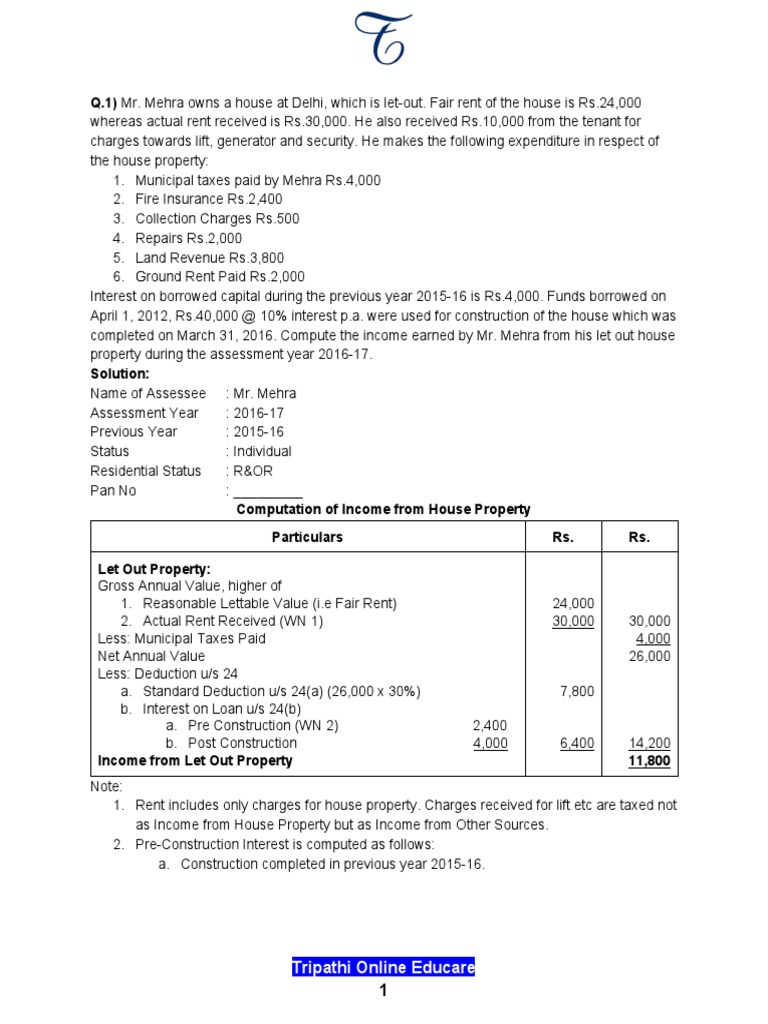 Income from House Property Calculation | PDF | Tax Deduction | Loans