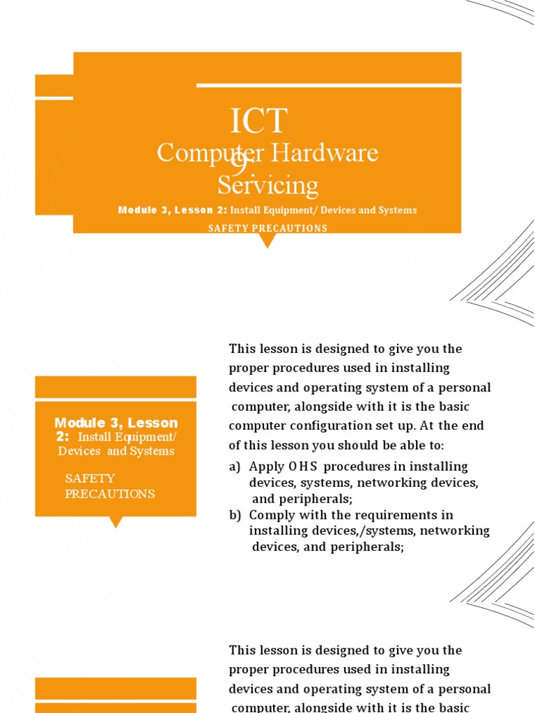 Computer Hardware Servicing: Module 3, Lesson 2: Install Equipment ...