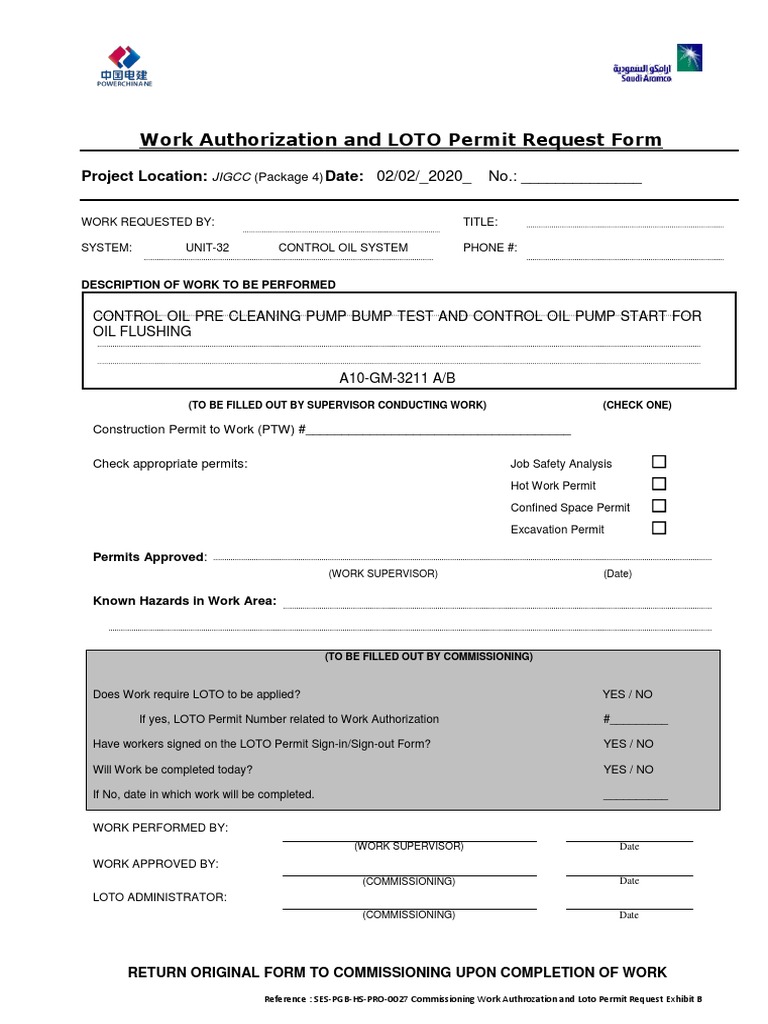 Work Authorization and LOTO Permit Request Form: Project Location: Date ...